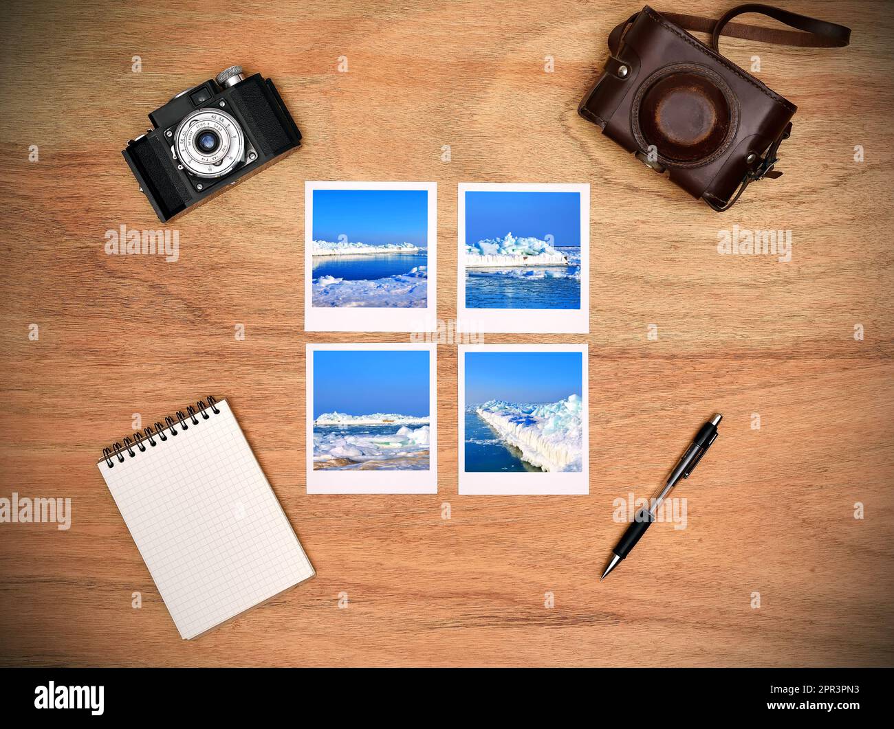 Vintage camera and four photos with ice and icebergs Stock Photo - Alamy