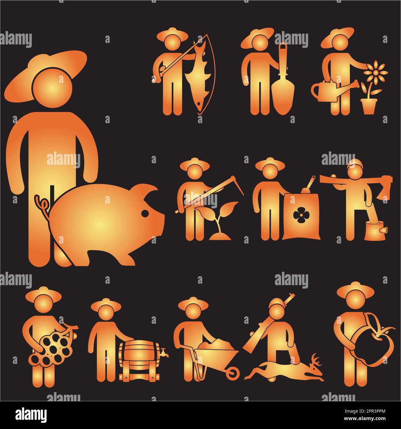 Farmer matchstick men isolated on black background Stock Vector Image ...