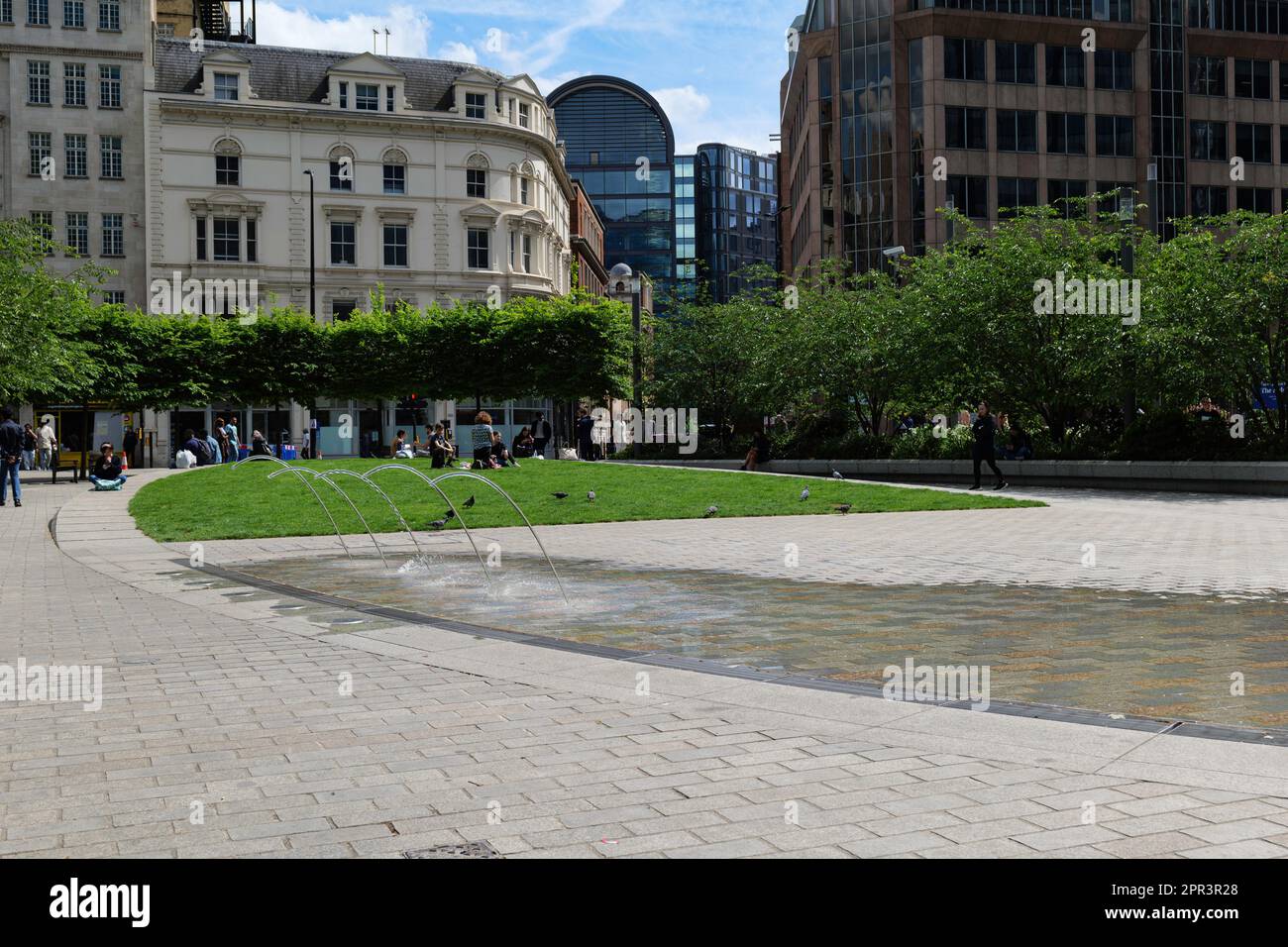 London - 05 21 2022: Close up of Aldgate Square jet fountains Stock ...