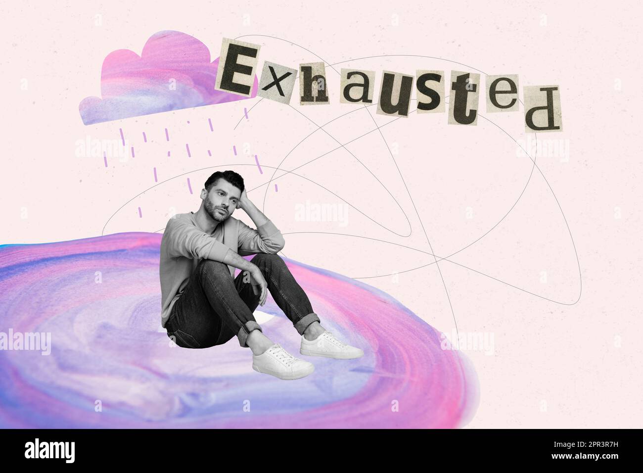 Artwork photo collage of young funny man lonely exhausted overworked ...