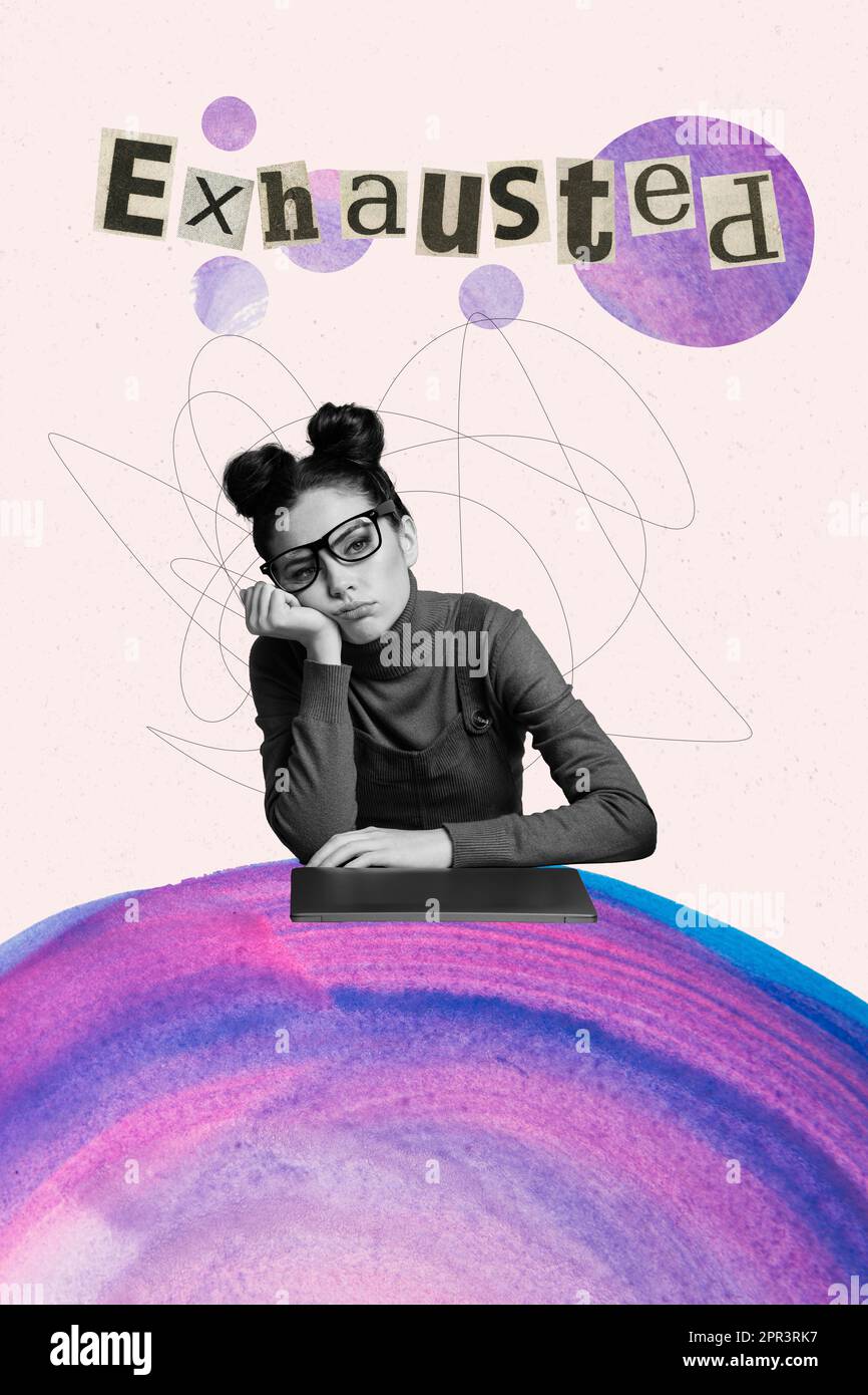 Collage artwork graphics picture of exhausted overworked lady feeling ...