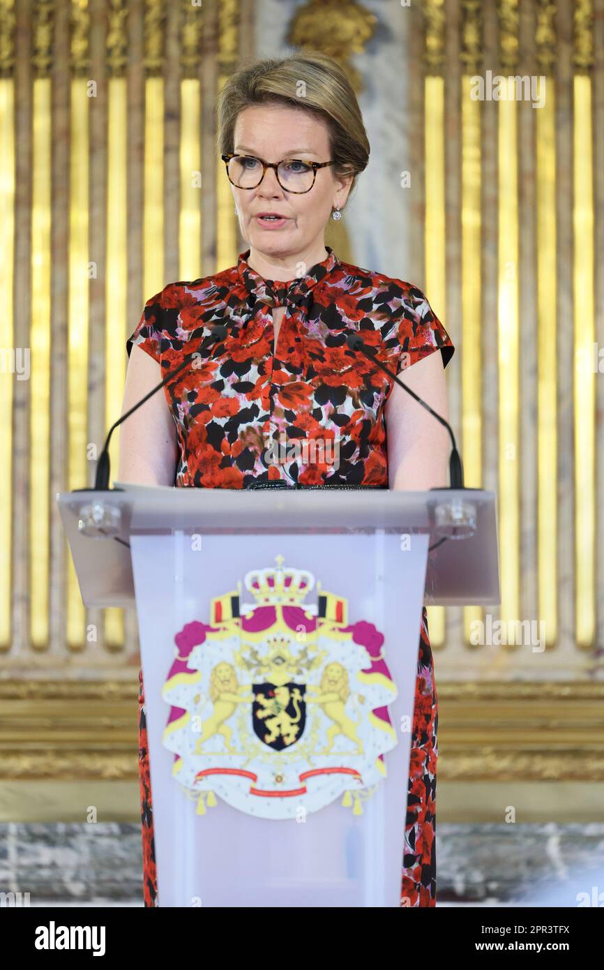 Brussels, 26 April 2023. Queen Mathilde of Belgium delivers a speech at ...