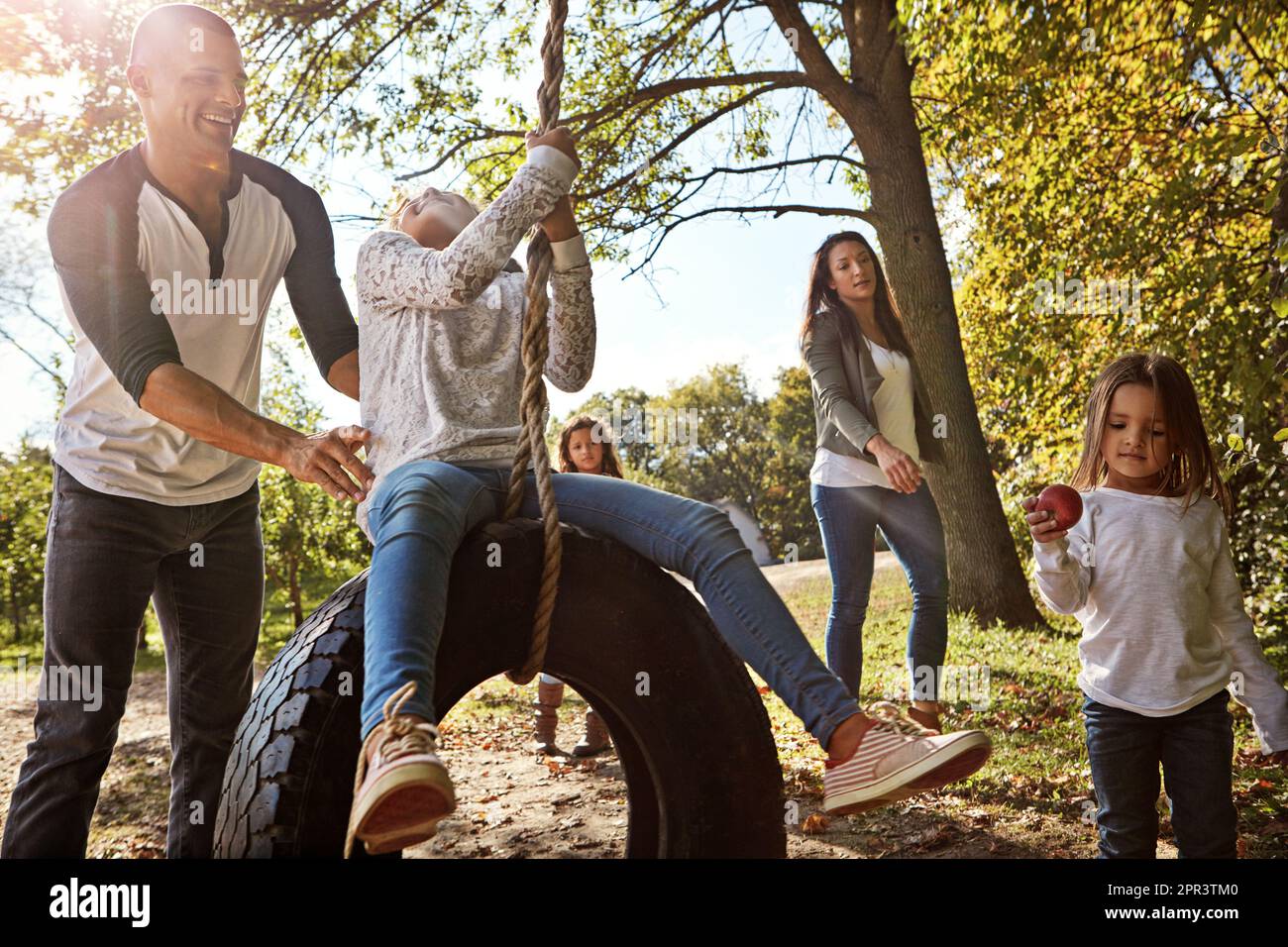 Good, simple swinging fun. a happy father pushing his daughter on a ...