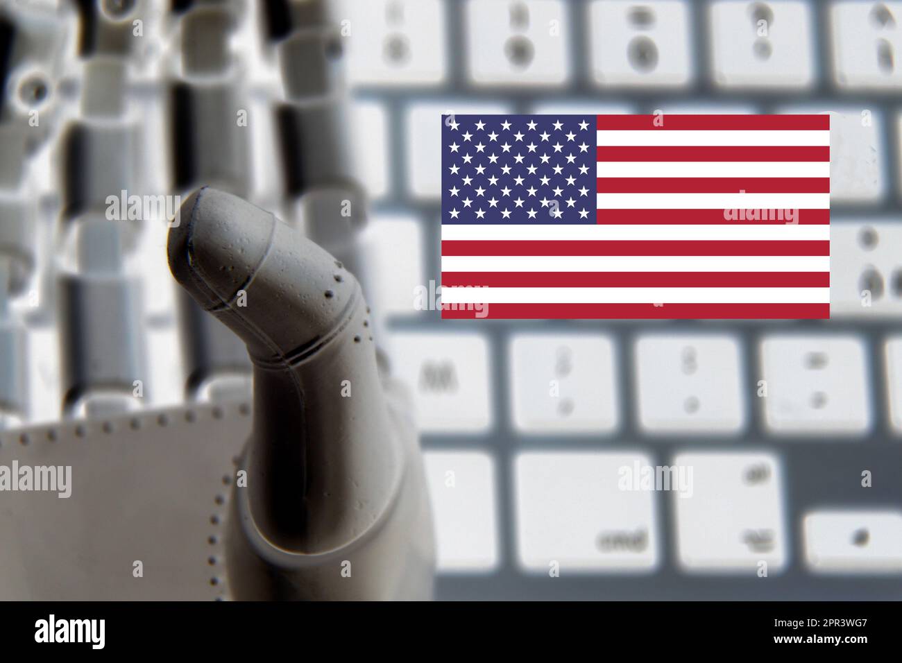Robot hand with the America flag as a background . Concept of American ...