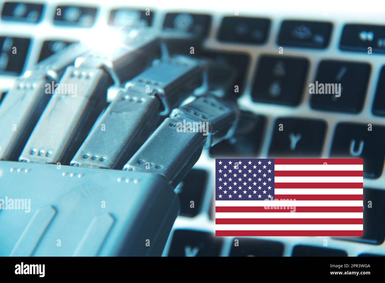 Robotic hand typing on a keyboard with the America flag . Concept of ...