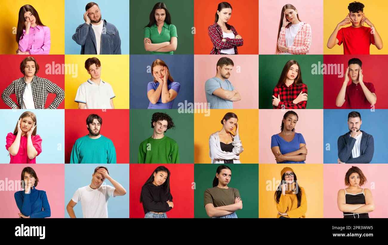 Collage with young ethnically diverse people, men and women laughing ...