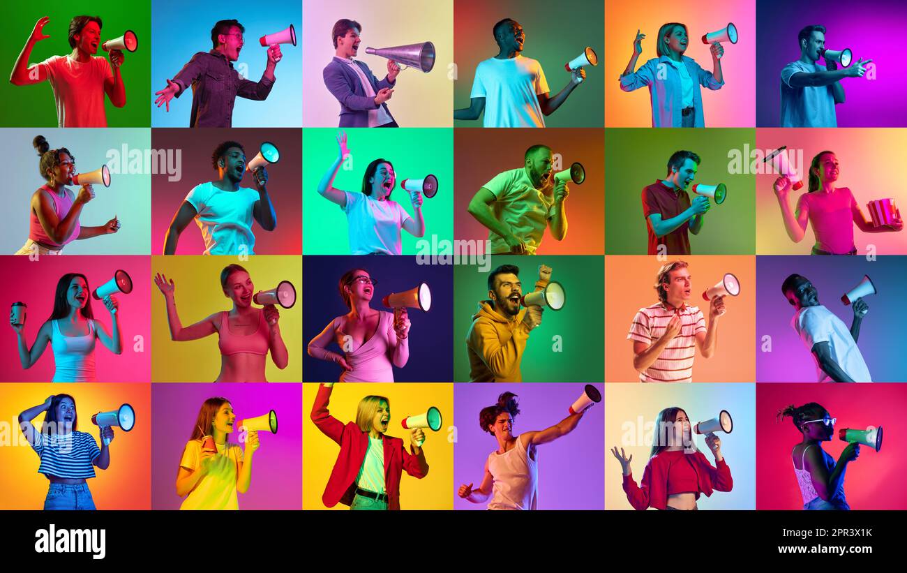 Collage of large group of ethnically diverse men and women shouting ...