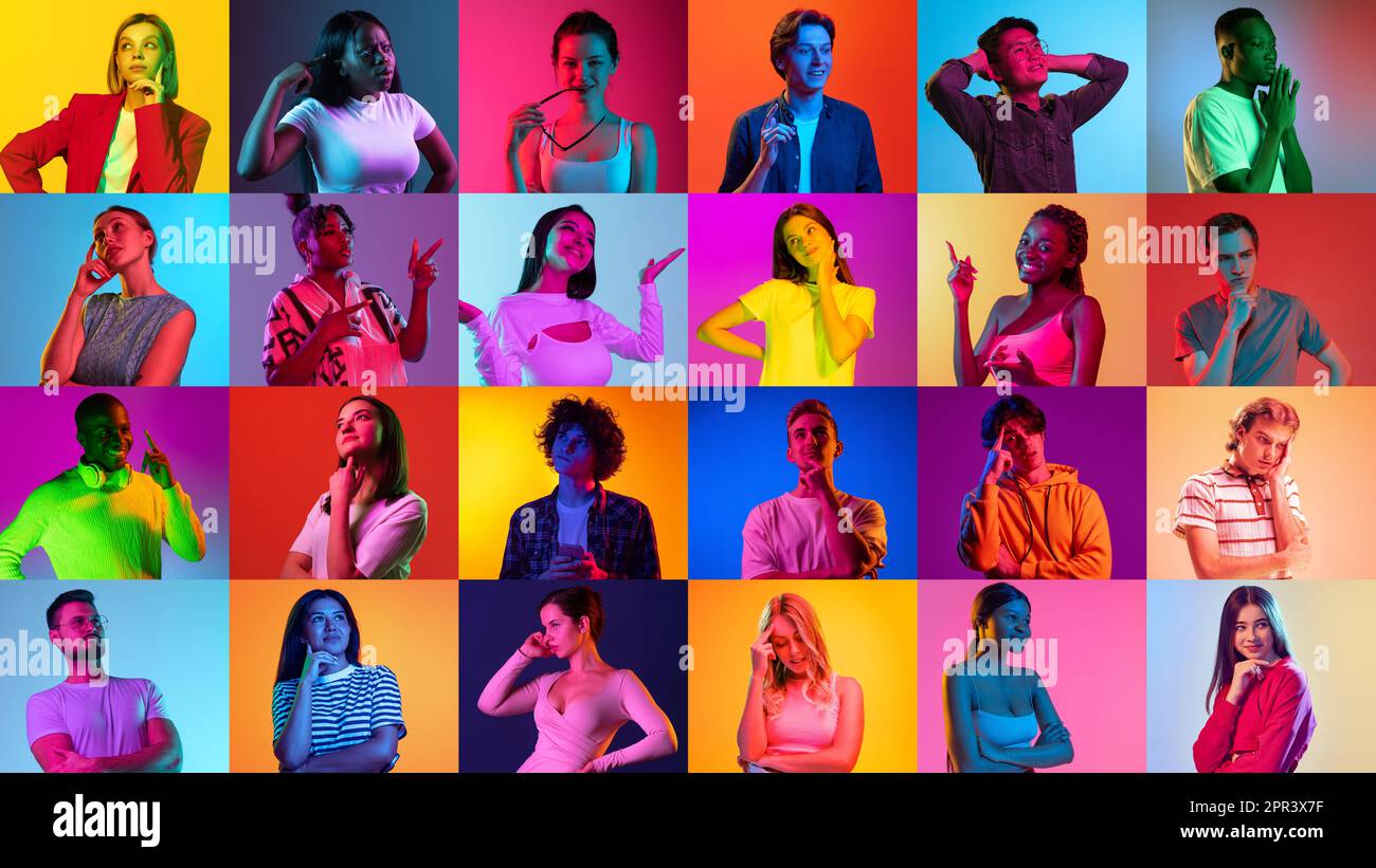 Collage with young ethnically diverse people, men and women expressing ...