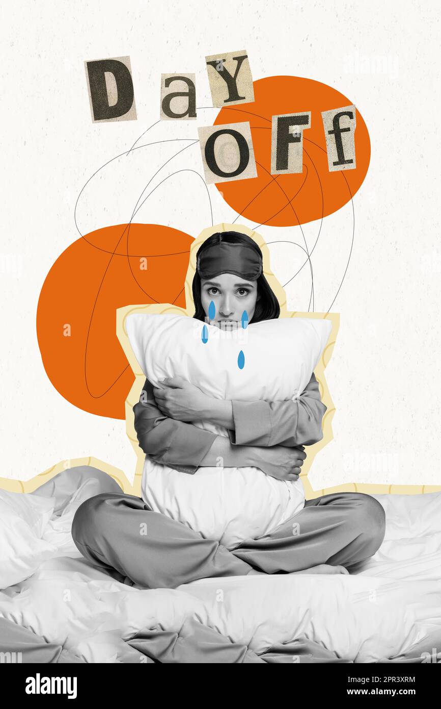 Vertical photo collage of girl sitting embracing pillow dissatisfied ...