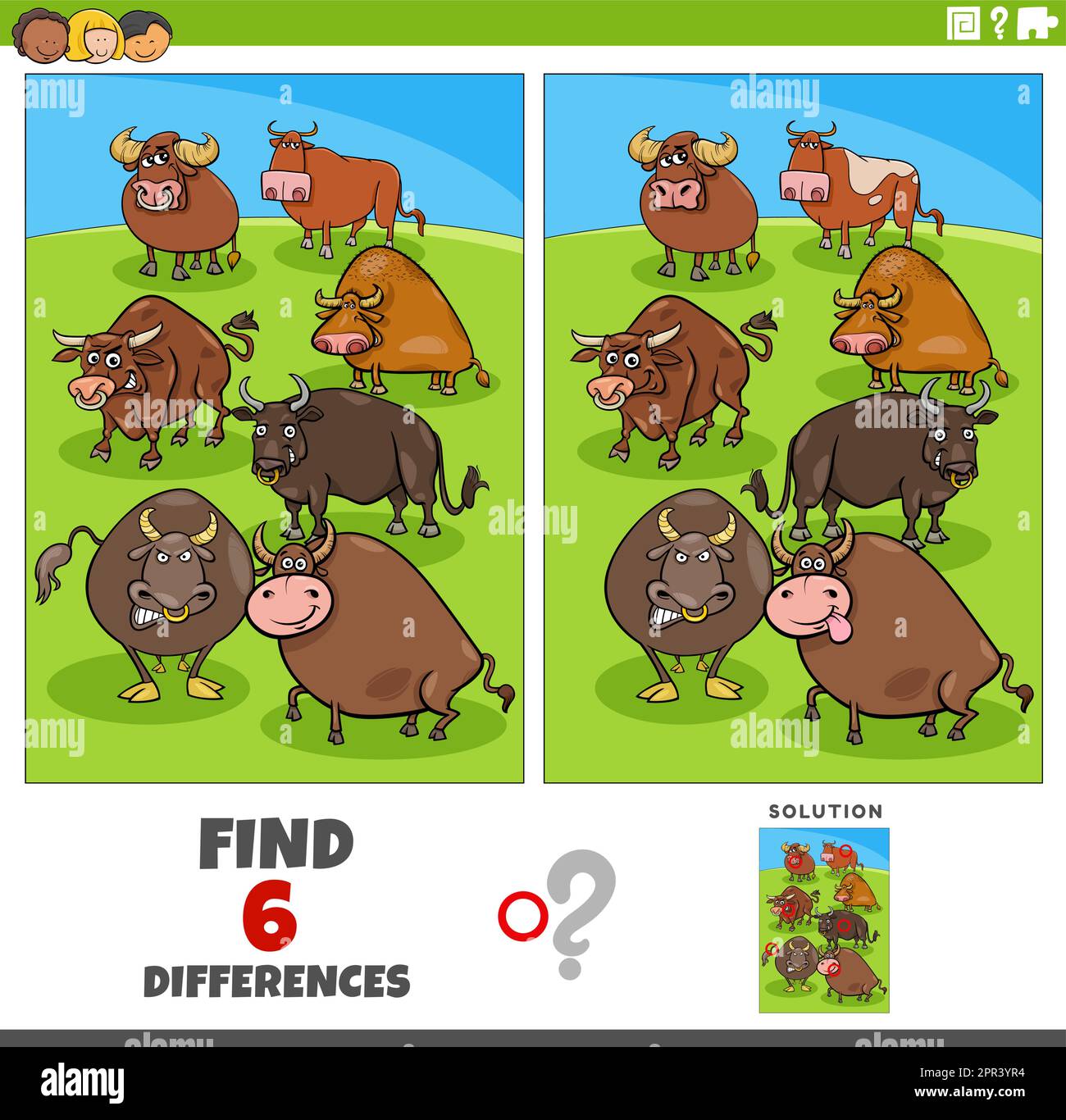 differences game with cartoon bulls farm animal characters Stock Vector ...
