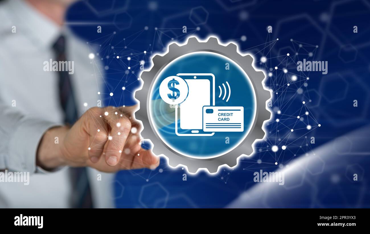 Man touching an e-payment concept on a touch screen with his finger ...