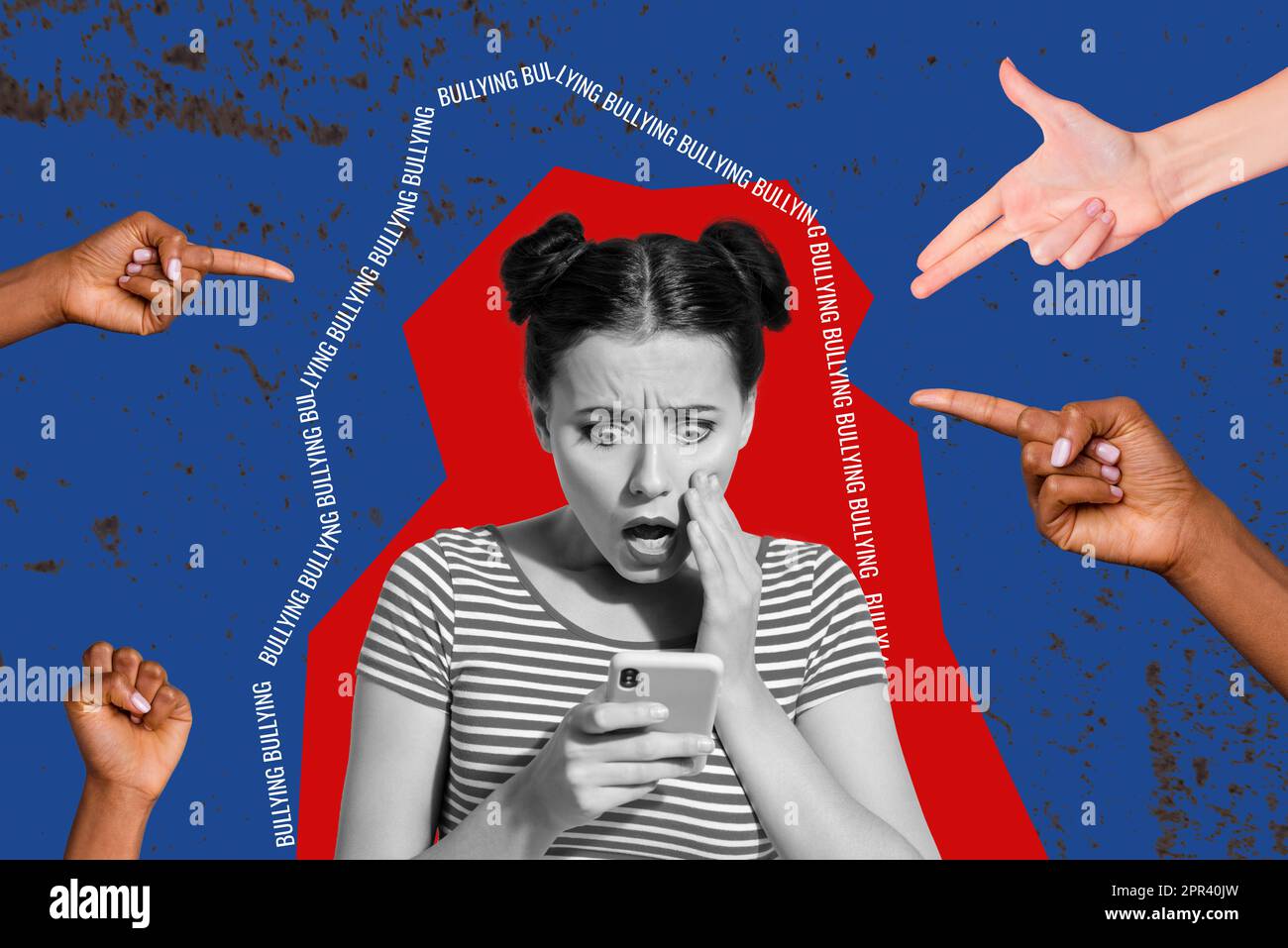 Picture retro banner collage young woman look mobile phone stressed ...