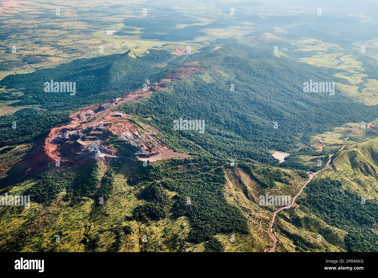 open-cast ore mining in the savannah south of Ciudad Bolivar, aerial ...