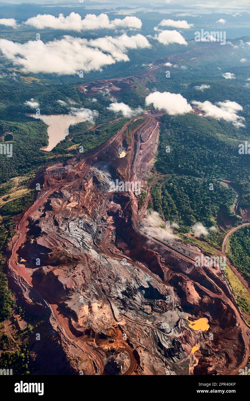 open-cast ore mining in the savannah south of Ciudad Bolivar, aerial ...