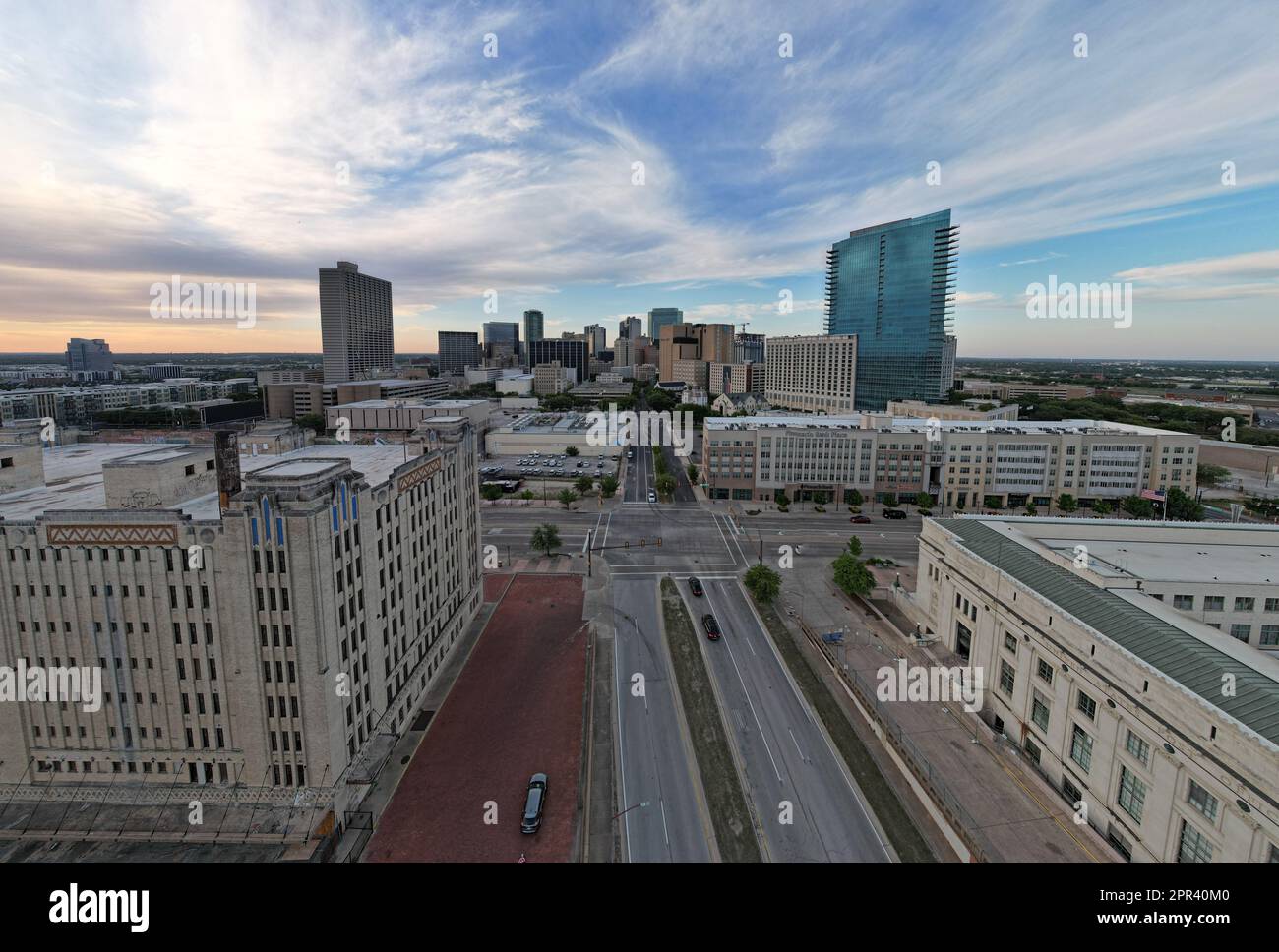 An aerial view of downtown Fort Worth, Texas with a cloudy blue sky in ...