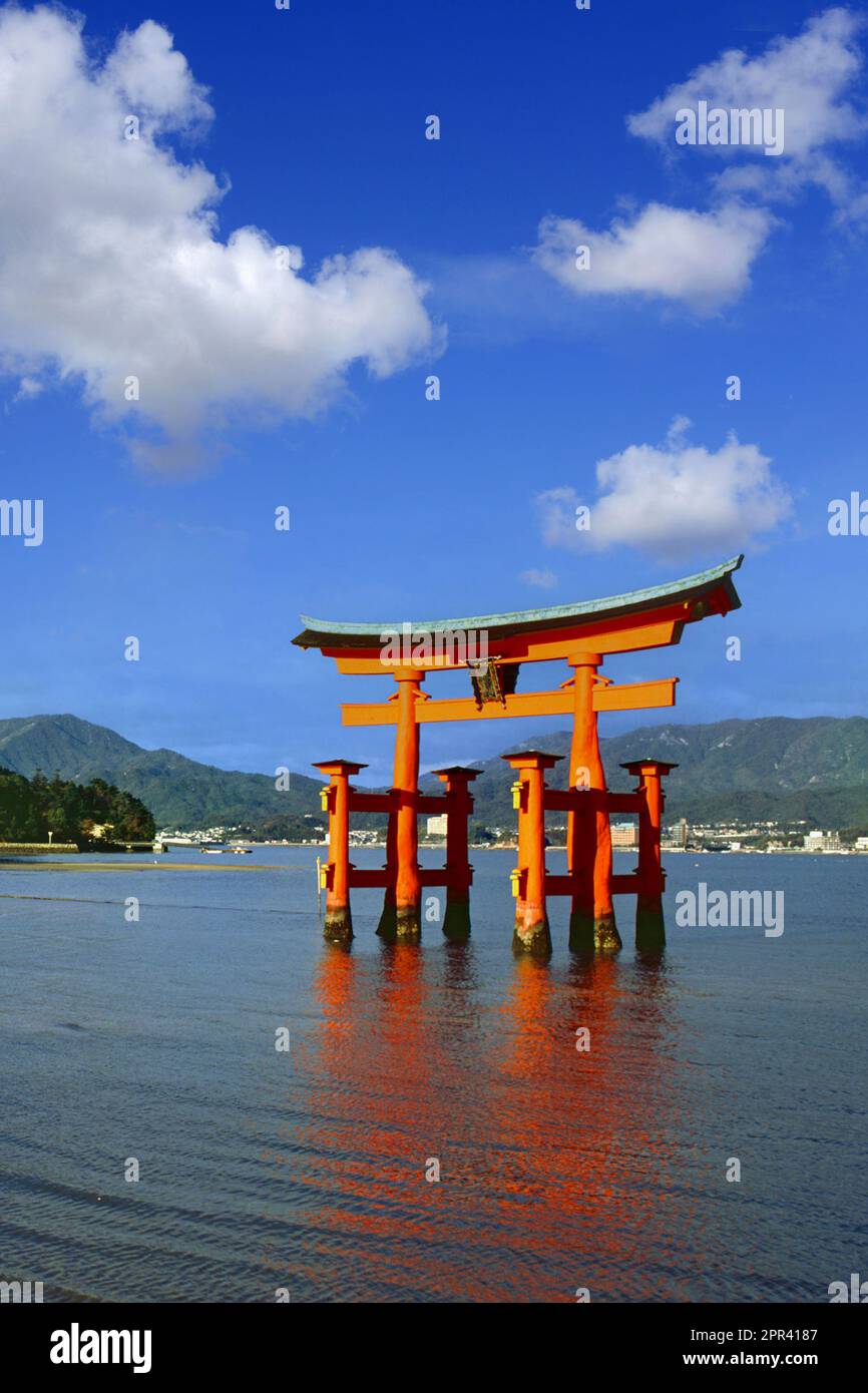 the bright red sea-gate of Miyajima-temple, Japan, Miyajima Island ...