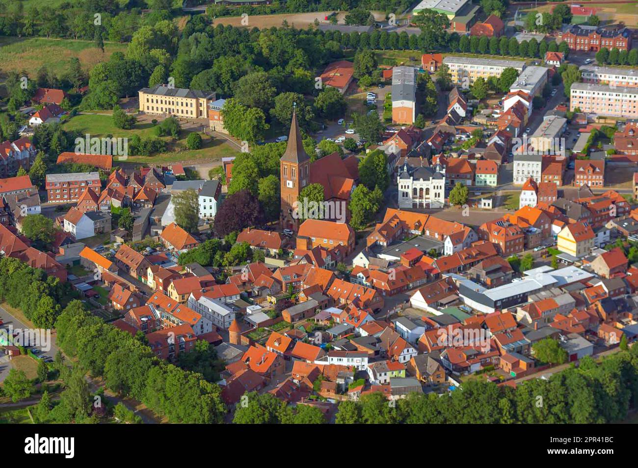 aerial view of Wittenburg with town hall and St Bartholomew's Church ...