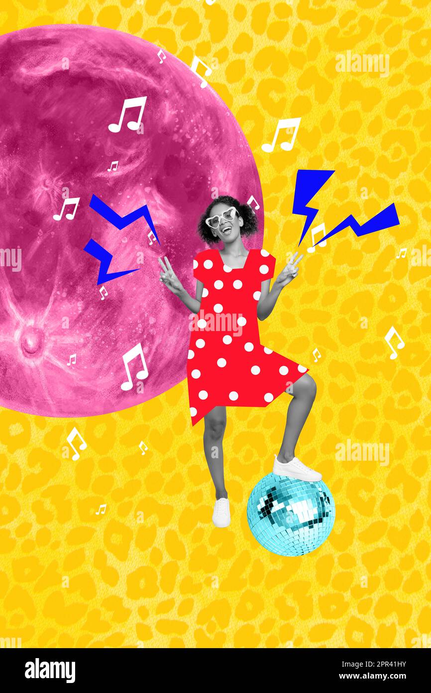 Artwork collage pretty funky lady dancing stand on disco ball show v ...