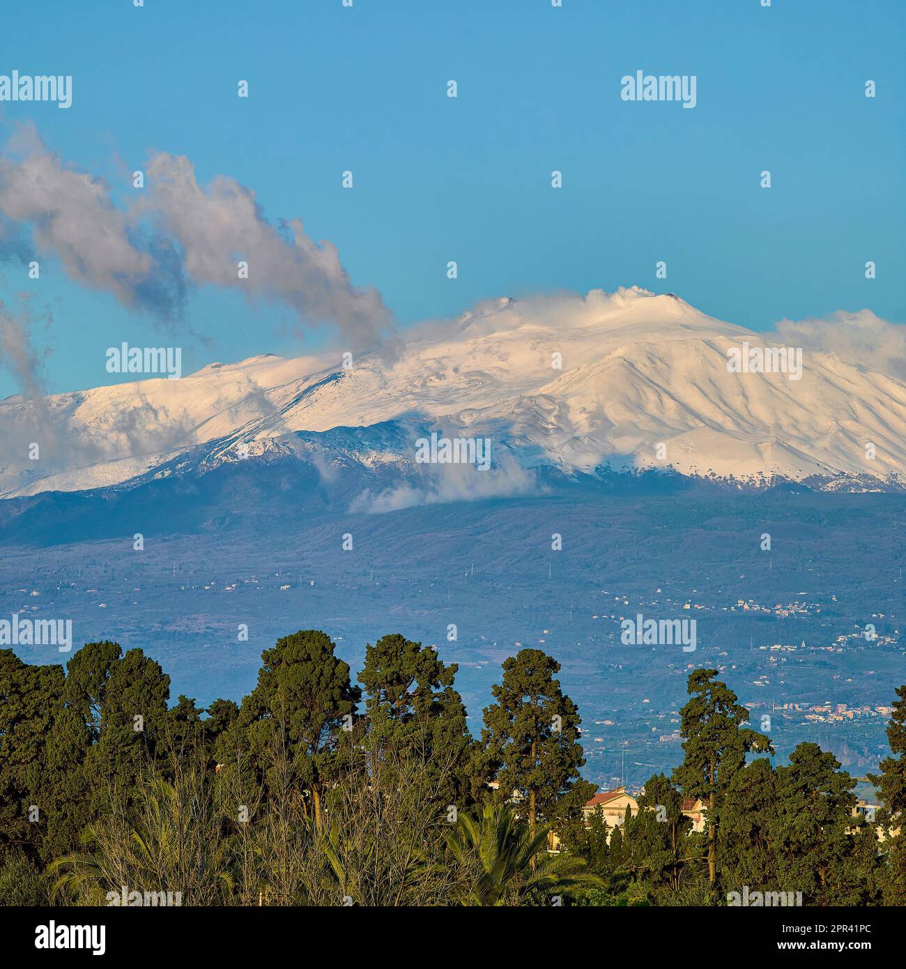 view of snow-capped Etna from Ragalna, Italy, Sicilia, Ragalna Stock ...