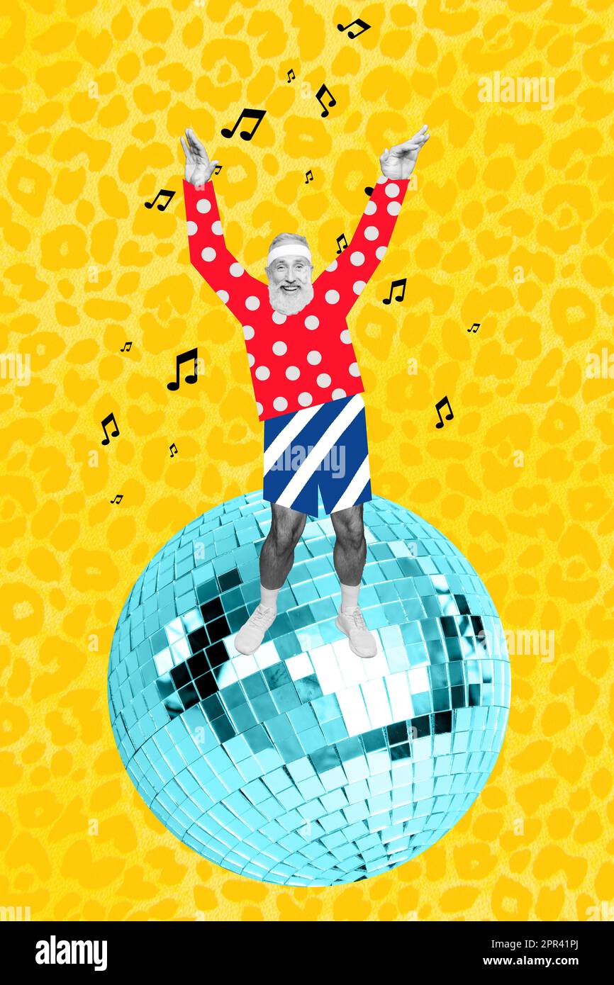 Vertical artwork image collage funky senior male dancing on big disco ...