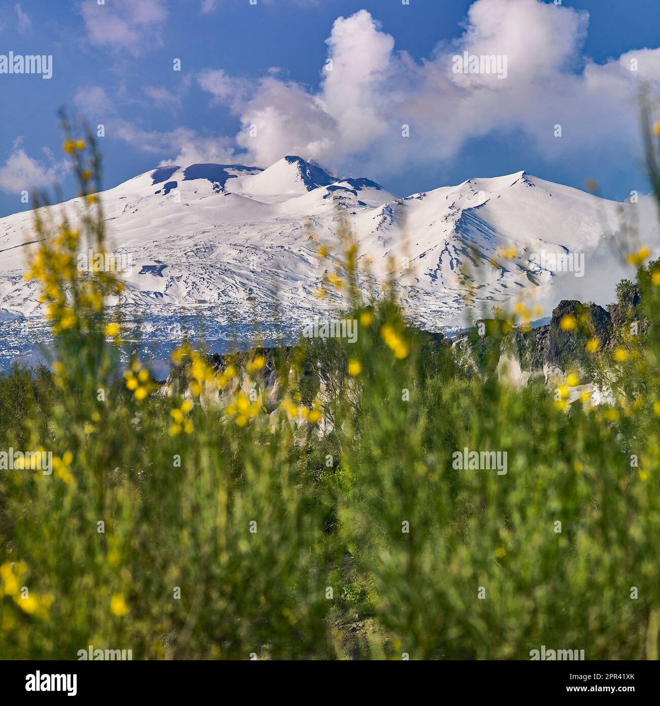 view of snow-capped Etna from Ragalna, Italy, Sicilia, Adrano Stock ...