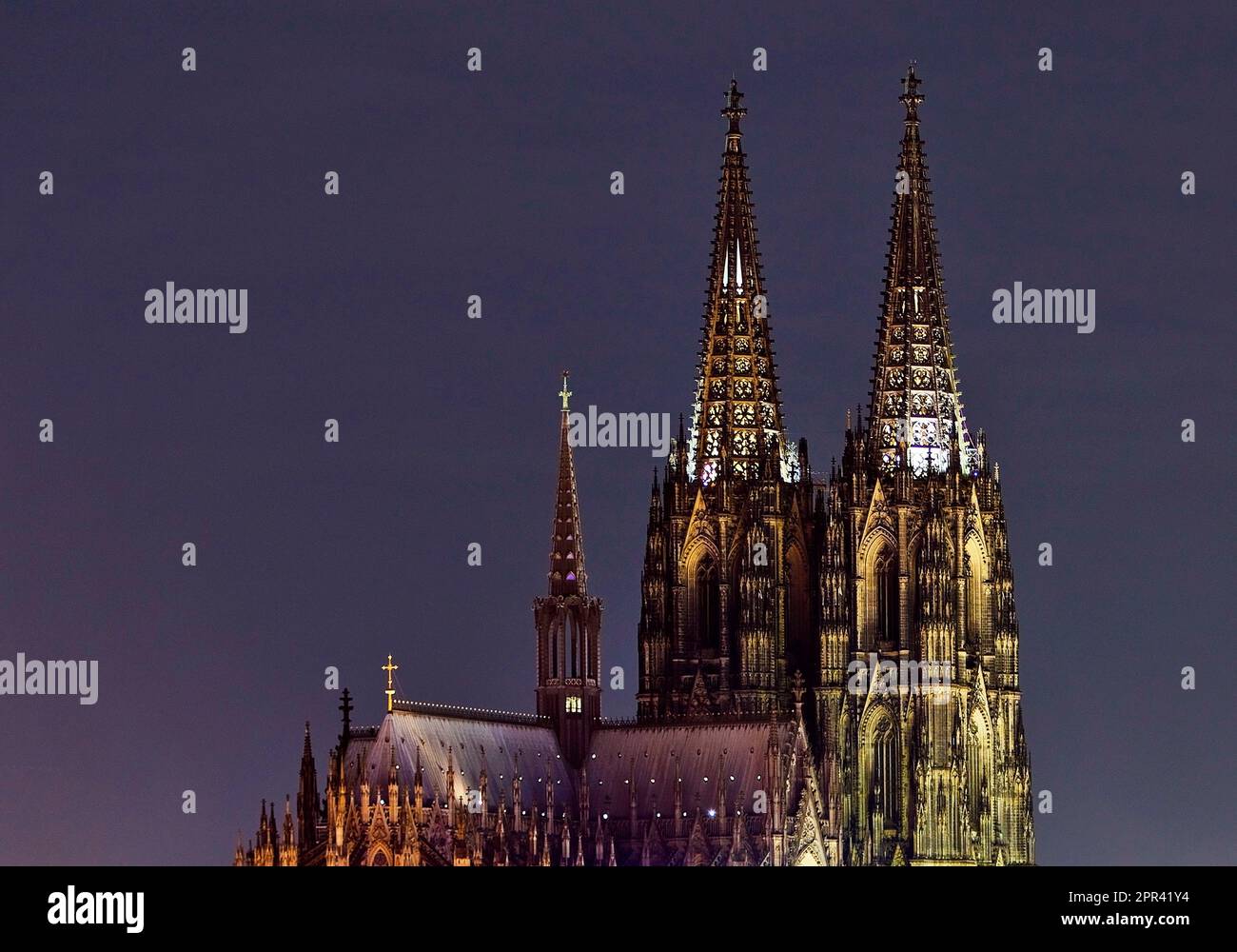 Cologne Cathedral in the night, dim lighting to save energy, Germany ...