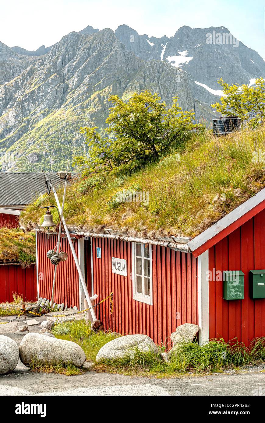 Folk museum with grass roof in the fishing village Napp at the Lofoten ...