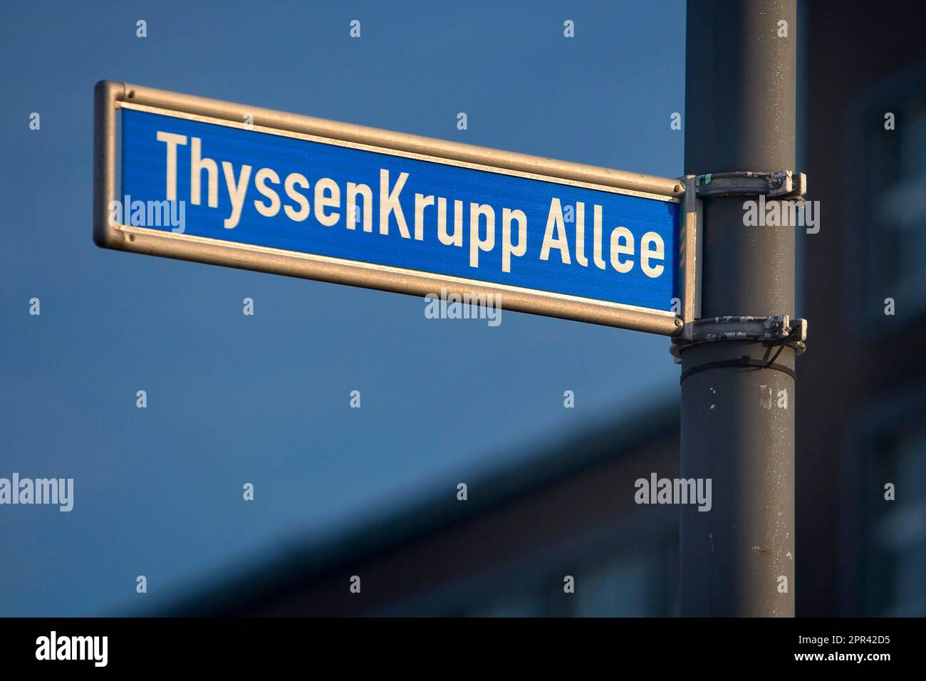 street name sign ThyssenKrupp Allee, Germany, North Rhine-Westphalia ...