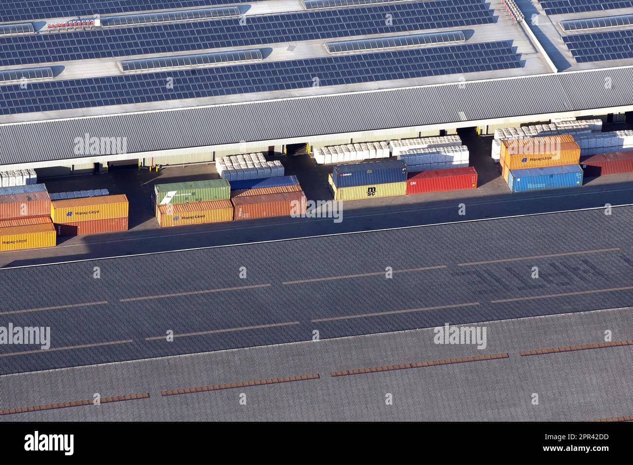 dockside depots with solar roofs, aerial view, Belgium, Antwerp Stock ...
