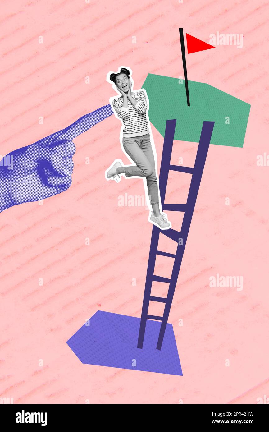 Template banner collage poster of happy young lady full determination ...