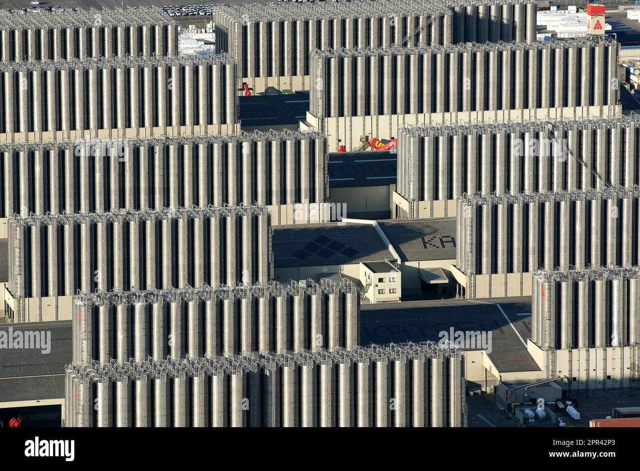 Petrochemical tanks in the harbour, aerial photo, Belgium, Antwerp ...