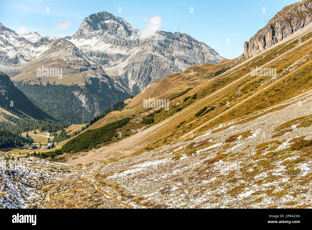 Mountain landscape at the Albula Pass in Graubuenden, Engadine ...