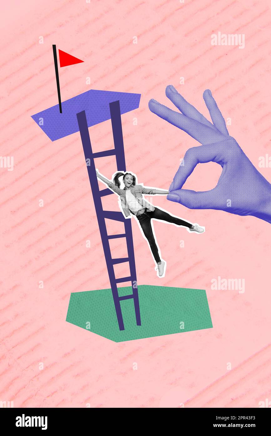 Poster banner collage of young lady full perseverance climb high top ...