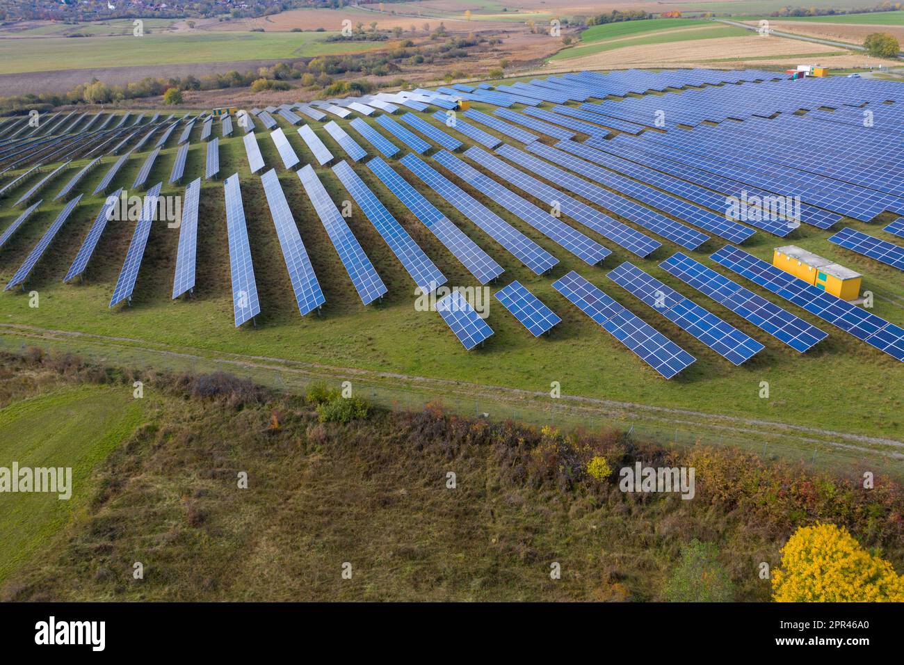 Solar panels aerial view. Solar energy modules, photovoltaic PV plant ...