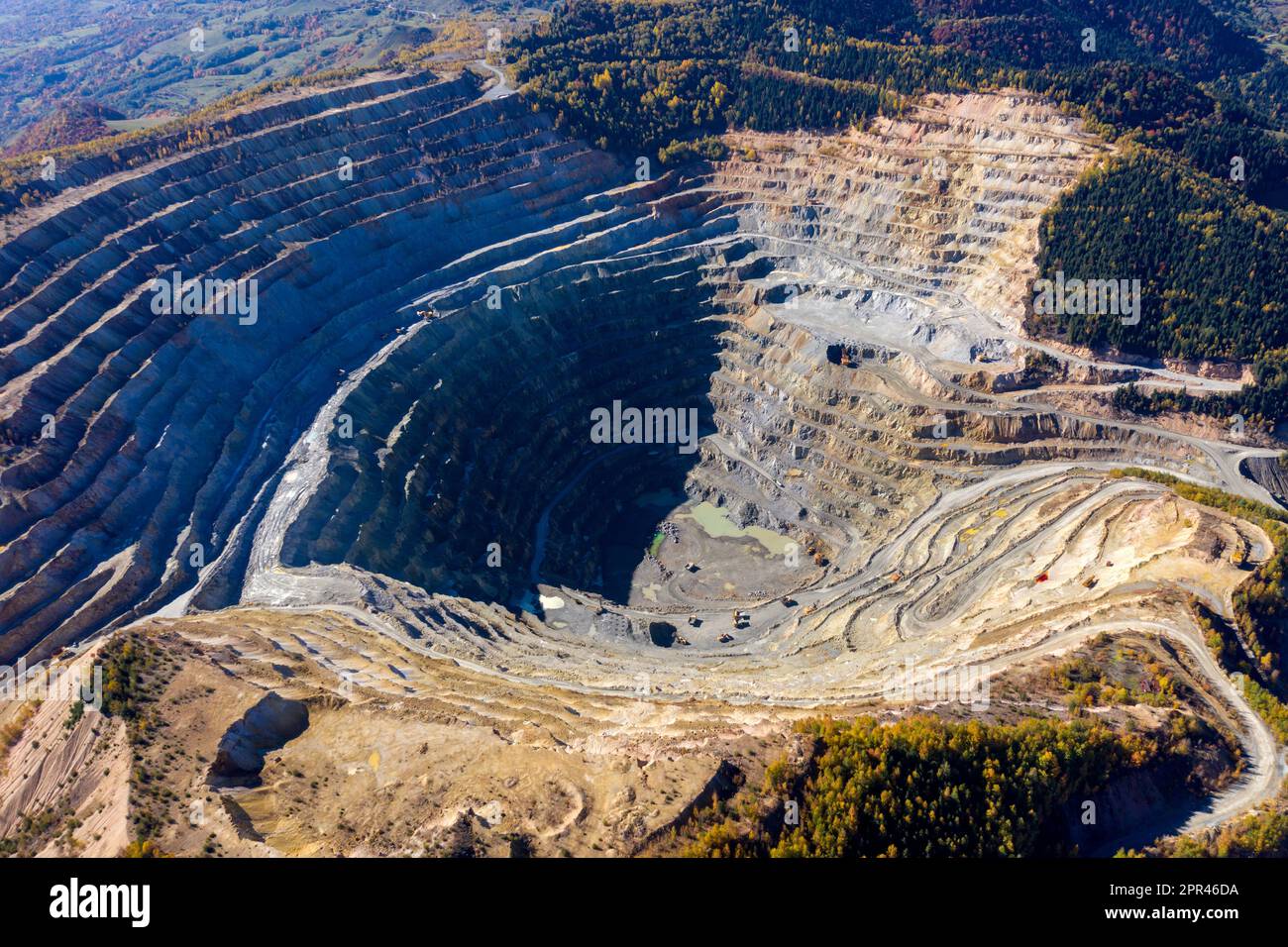 Aerial drone view of Rosia Poieni open pit copper mine, Romania Stock ...