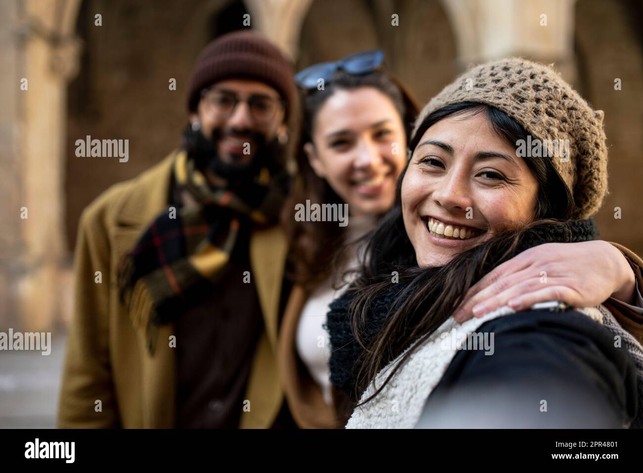 Group joyful multiracial travelers backpack hi-res stock photography ...