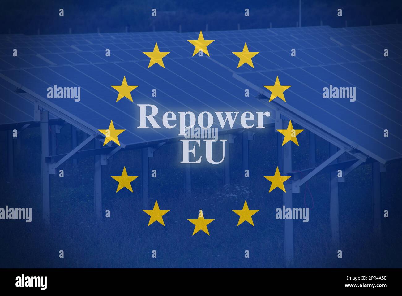 European flag with Solar panels as background and the text “repower Eu ...