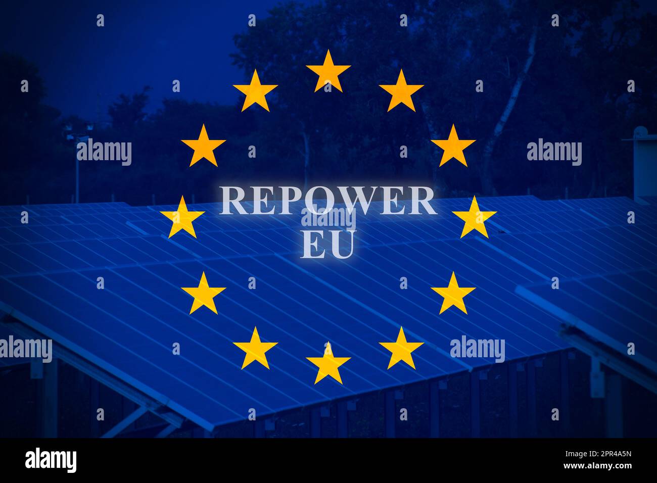 European flag with Solar Panels as background and the text "Repower Eu ...