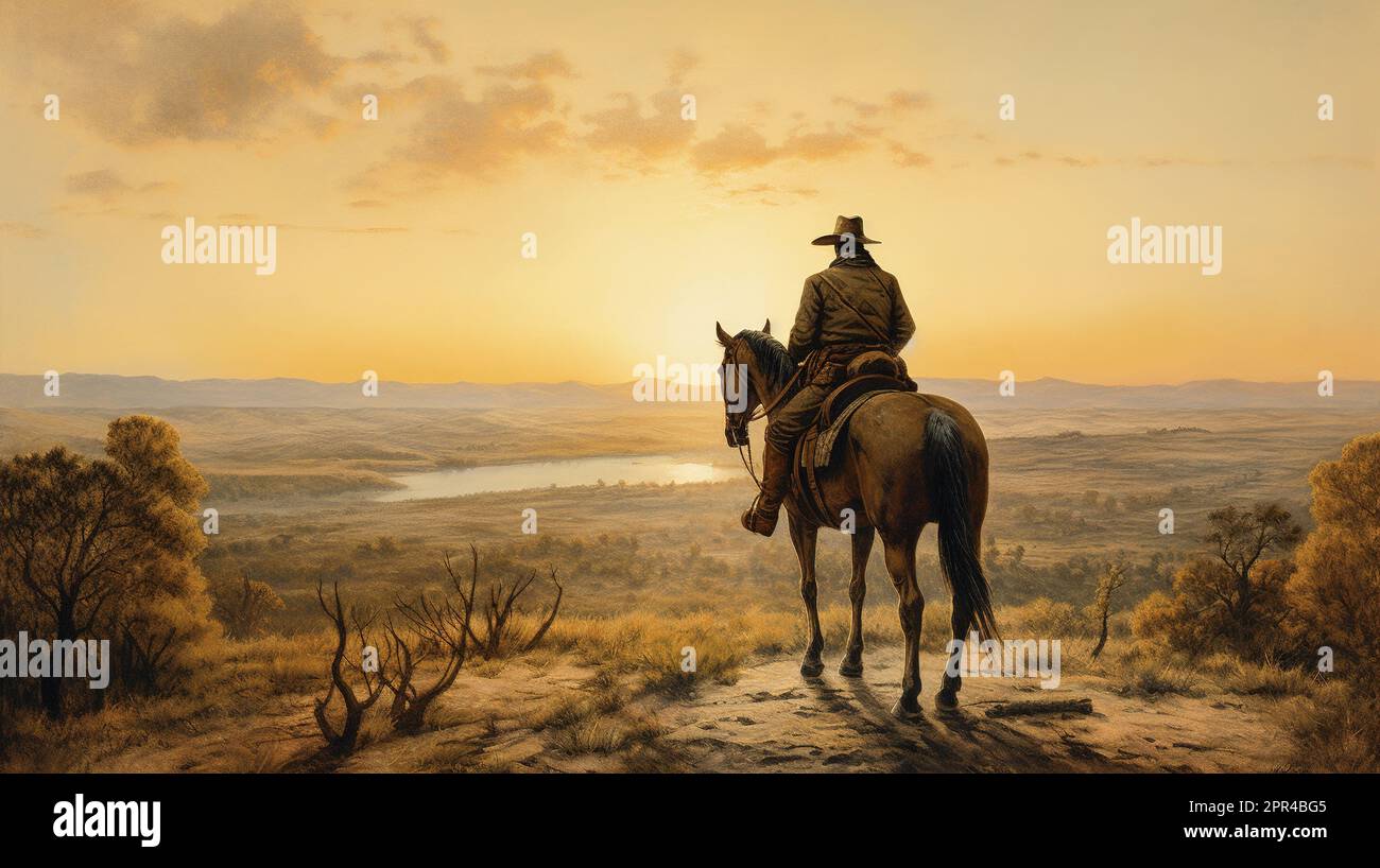 This digital painting depicts a cowboy riding on his horse across a ...