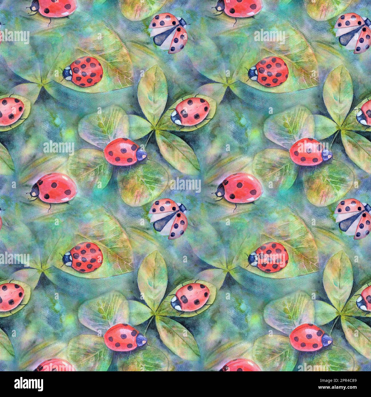 Seamless watercolor botanical summer pattern with colorful ladybugs ...