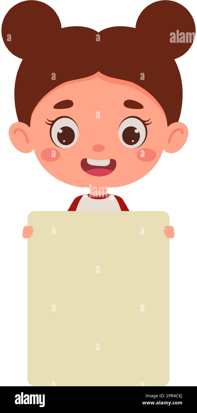 Cute little kid girl holding empty blank board. Cartoon child character ...