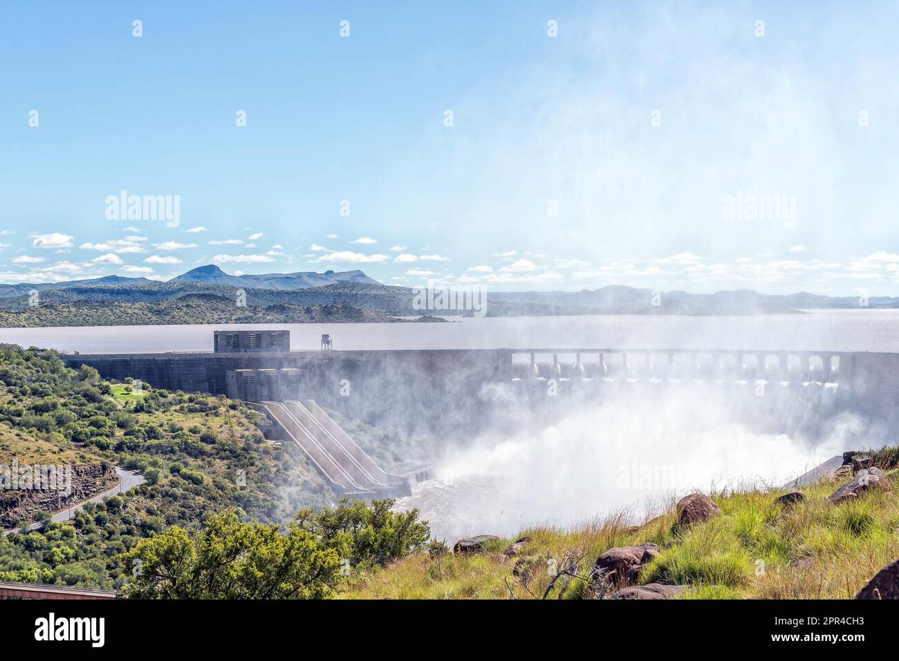 The Gariep Dam overflowing. The dam is the largest in South Africa. It ...