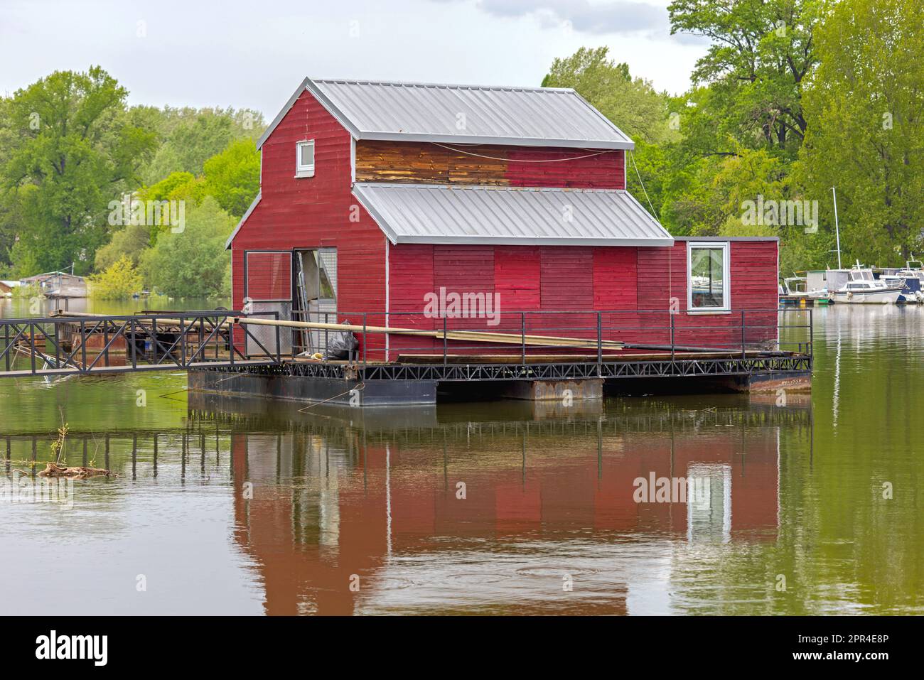 Wooden Barn at Floating Pontoon Calm River Water Spring Day Stock Photo ...