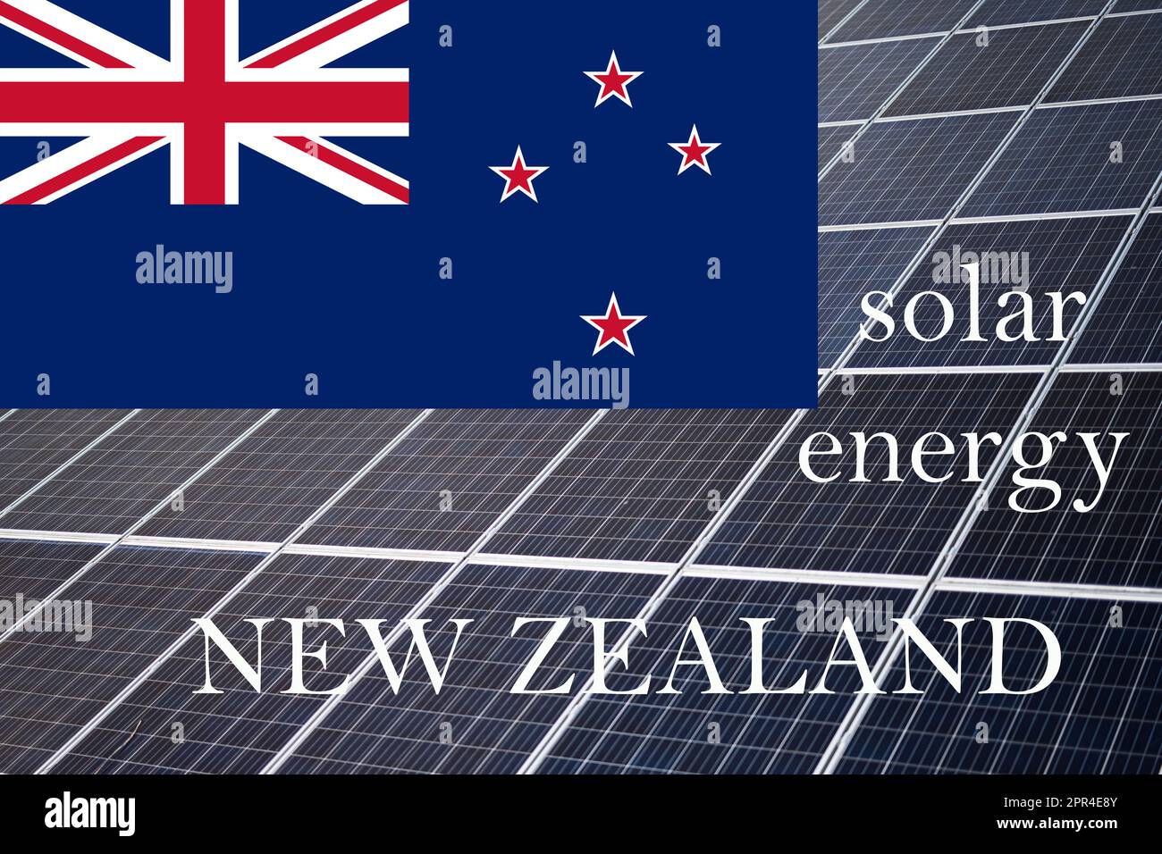 Solar energy panels with New Zealand flag background. Sustainable ...