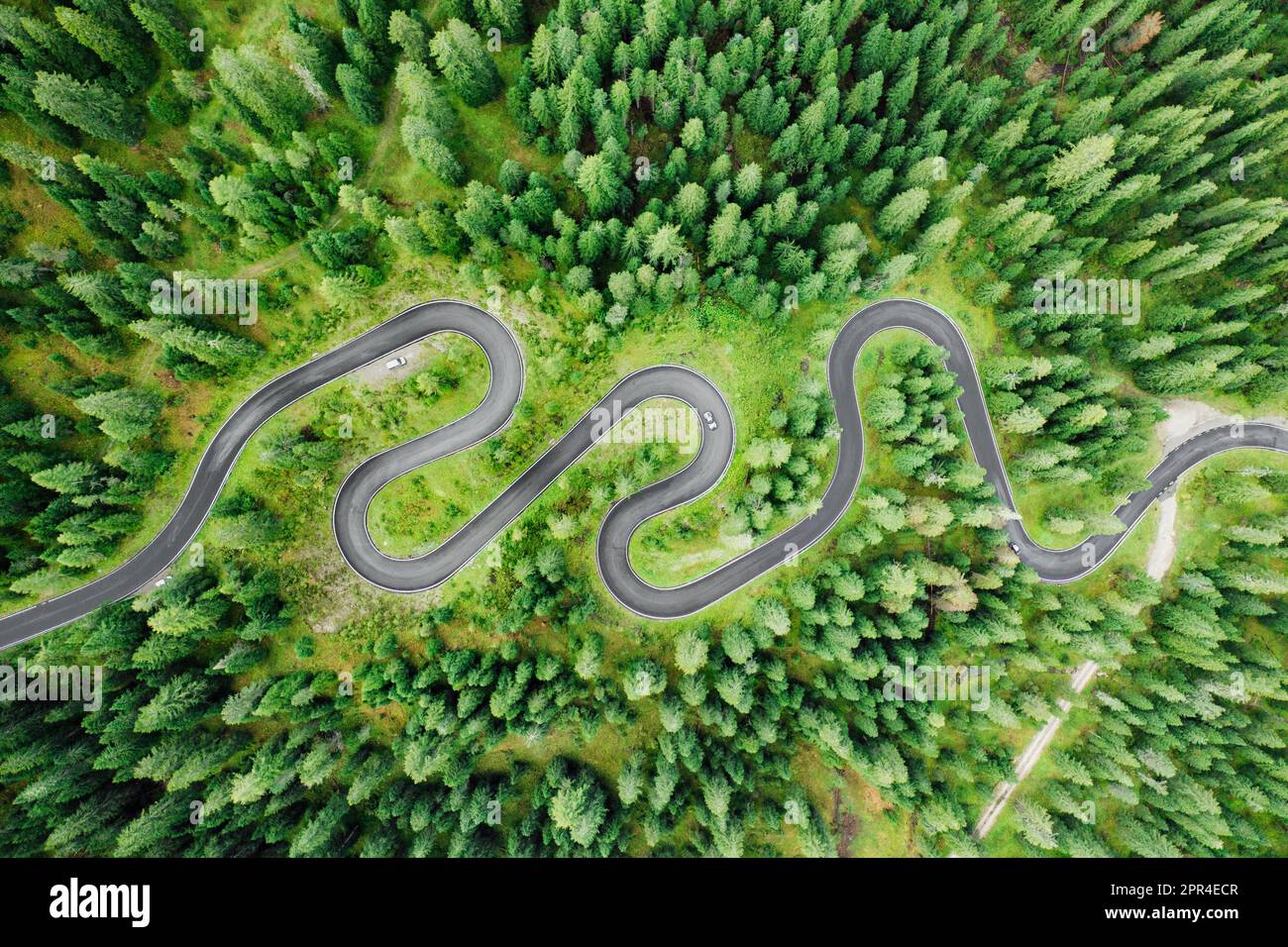 Cars on driveway of famous Snake Road surrounded by forests and meadows ...