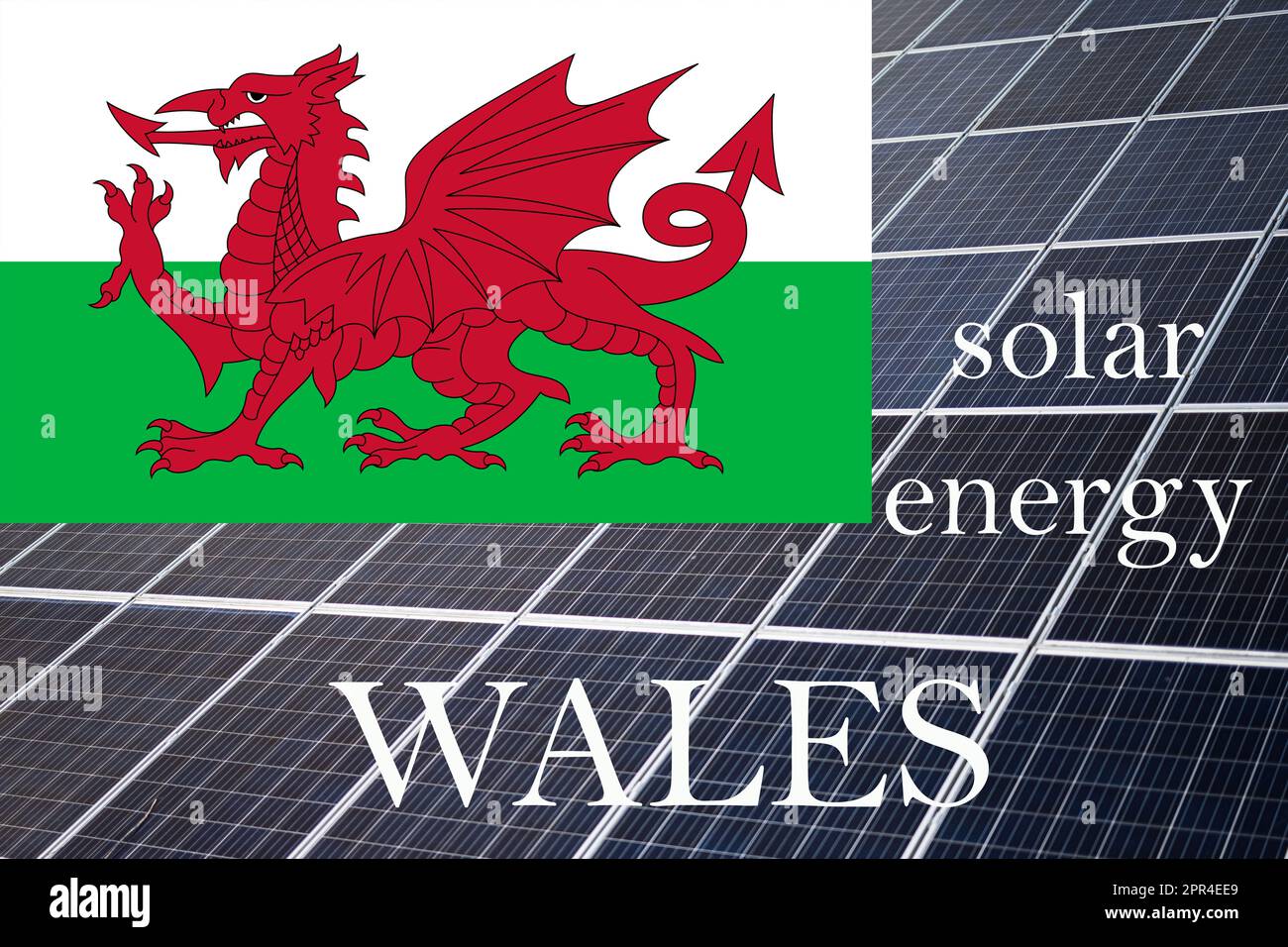Solar energy panels with Wales flag background. Sustainable resources ...