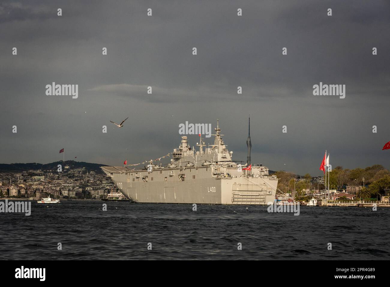 Turkey's largest warship TCG Anadolu L400 docked at Sarayburnu port in Istanbul for public ...