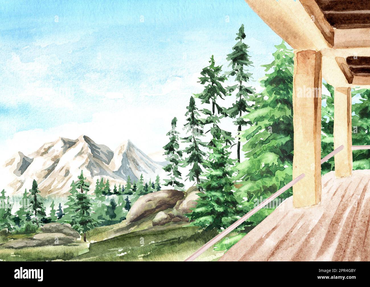 Cottage terrace with empty copy space, Forest landscape. Hand drawn ...