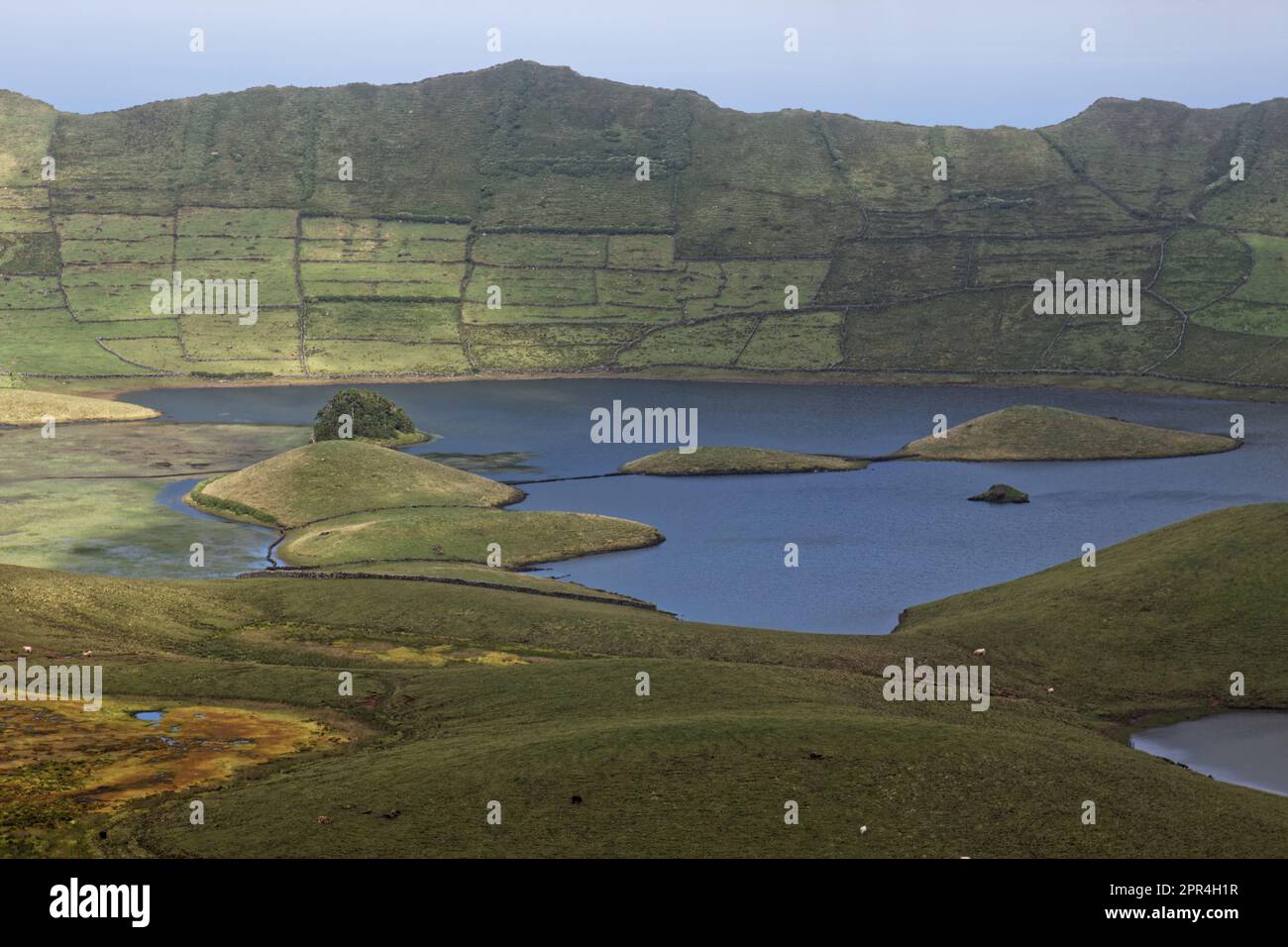 A panoramic view inside Caldeirão, the volcanic caldera of Corvo island ...