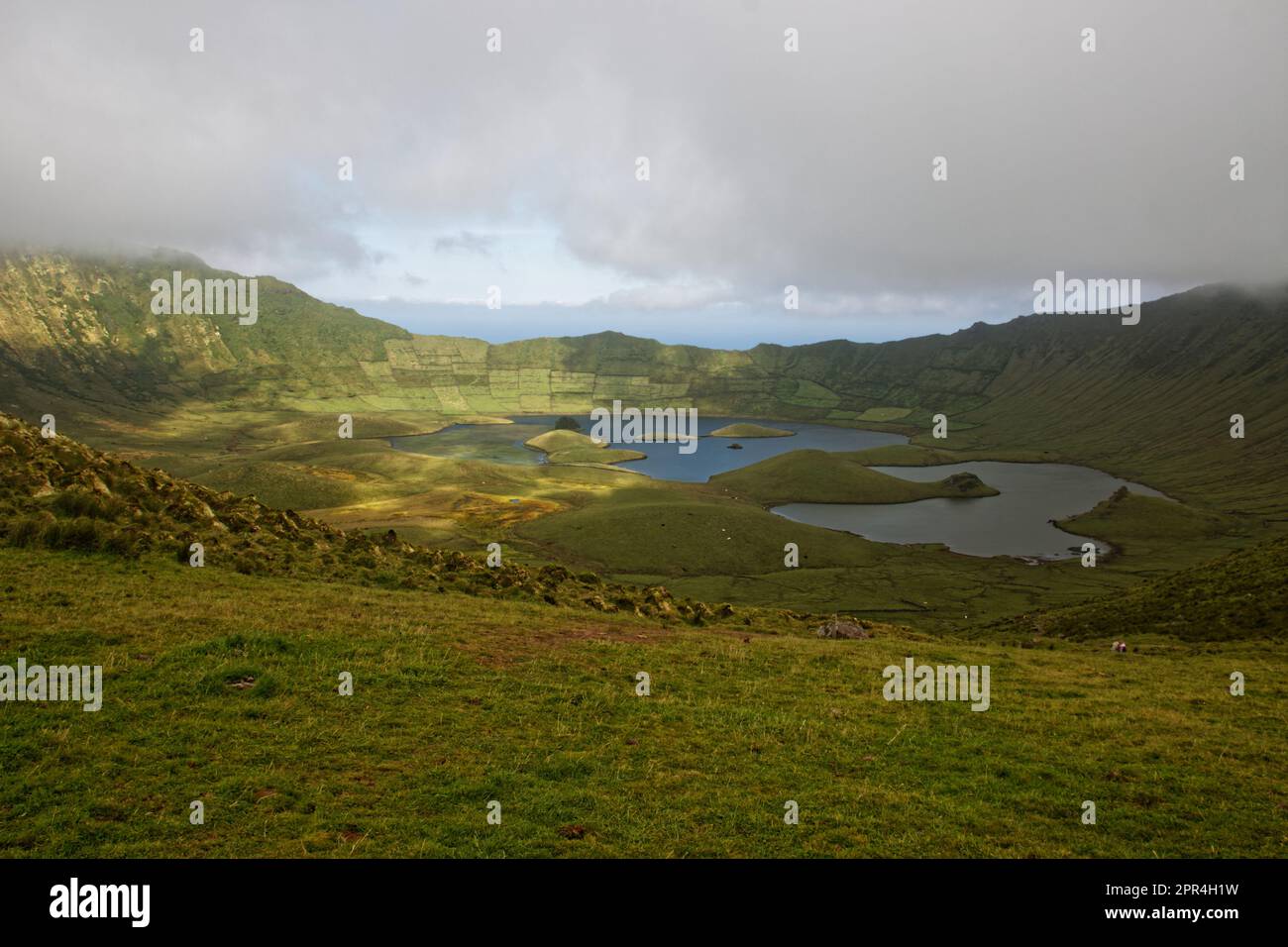 A panoramic view inside Caldeirão, the volcanic caldera of Corvo island ...